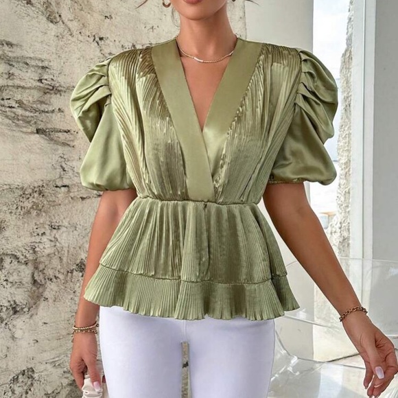 Tops | Luxe Puff Sleeve Peplum Satin Blouse | Poshmark